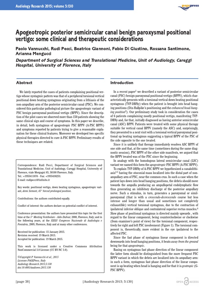 Apogeotropic VPPB CSCP | Download Free PDF | Vertigo | Clinical Medicine