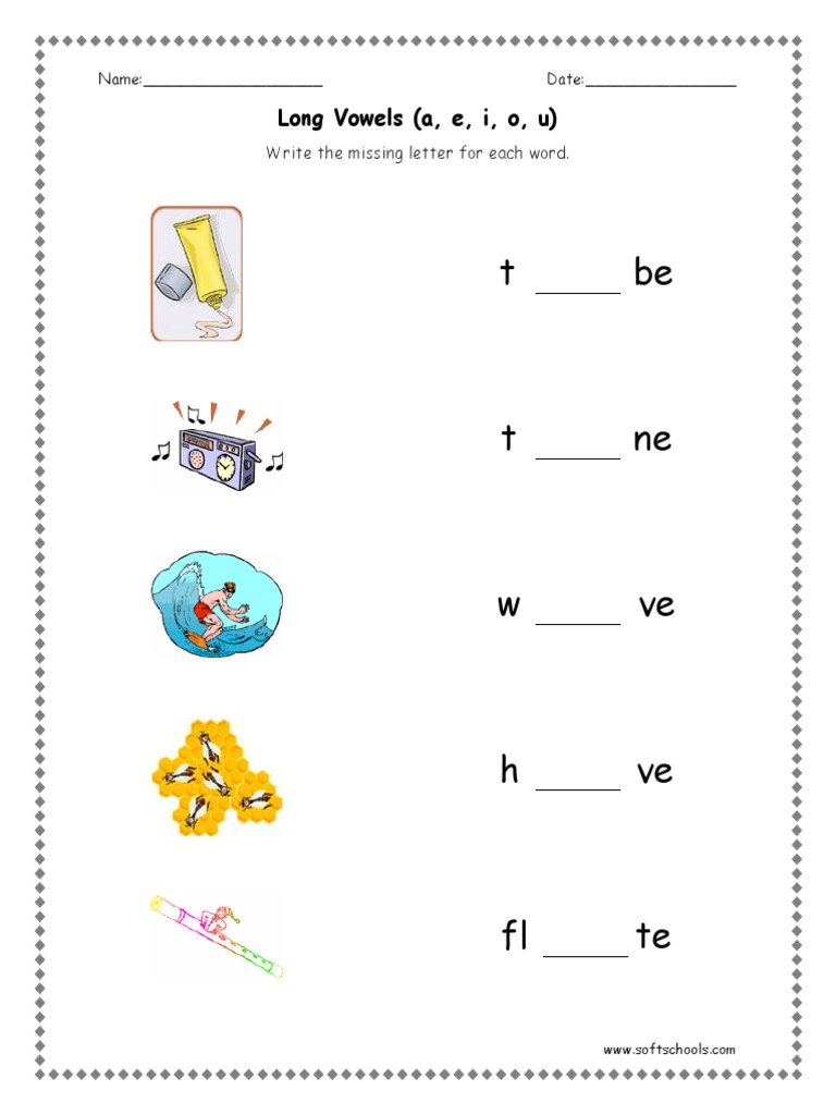 Phonics Long Vowels a e i o u Worksheet 3 | PDF