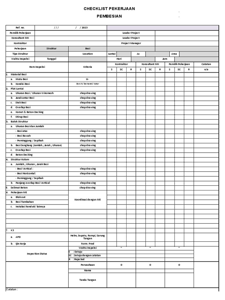 Rencana Form Checklist Besi Bekisting Cor UIII | PDF