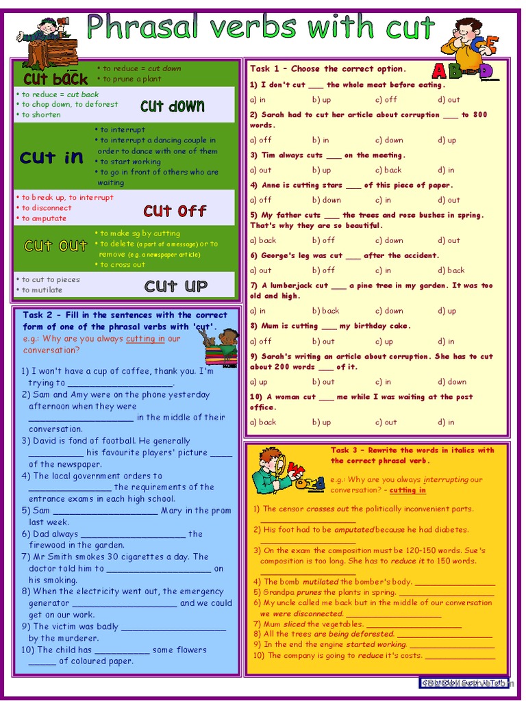 Phrasal verbs with CUT ___ with dictionary ___ 3 tasks ___ with key ...