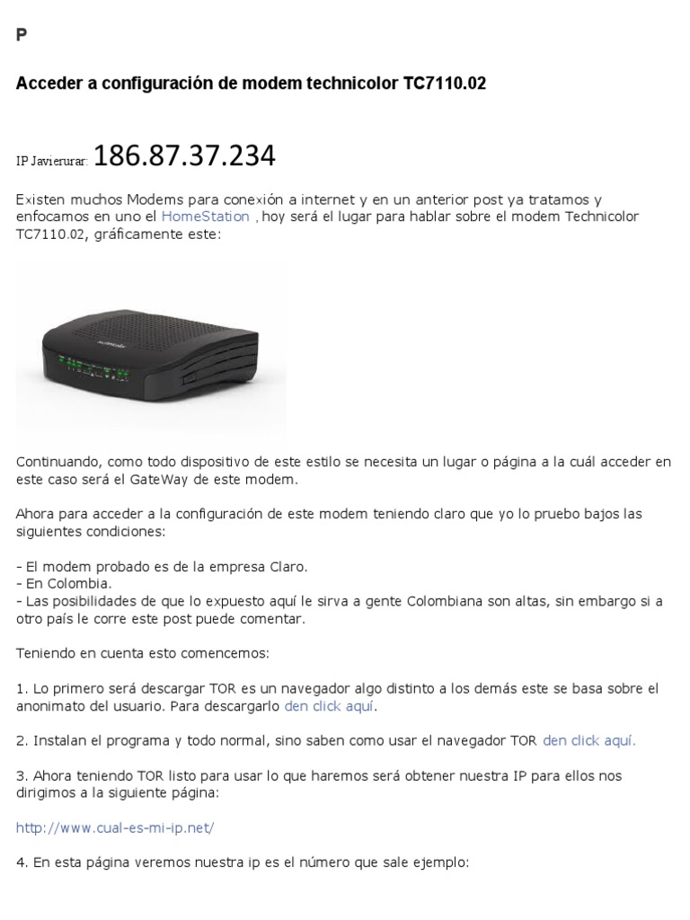 Acceder A Configuración de Modem Technicolor TC7110.02 CLARO | PDF ...