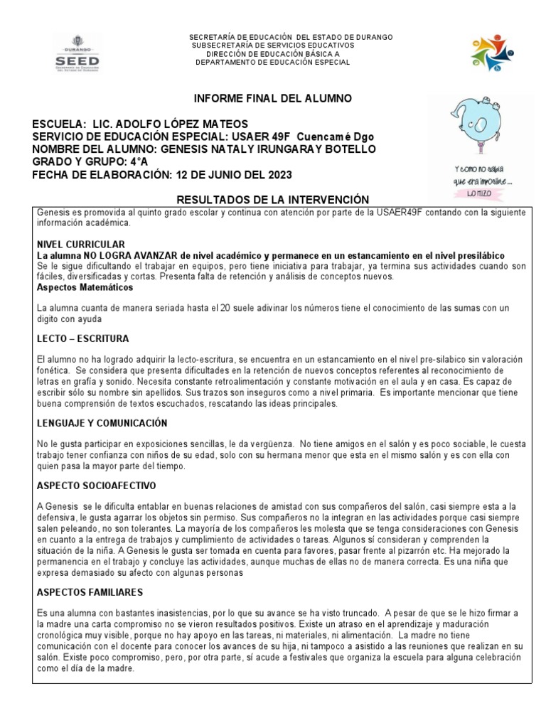 Informe Final de Alumna de Usaer | PDF | Educación primaria | Educación especial