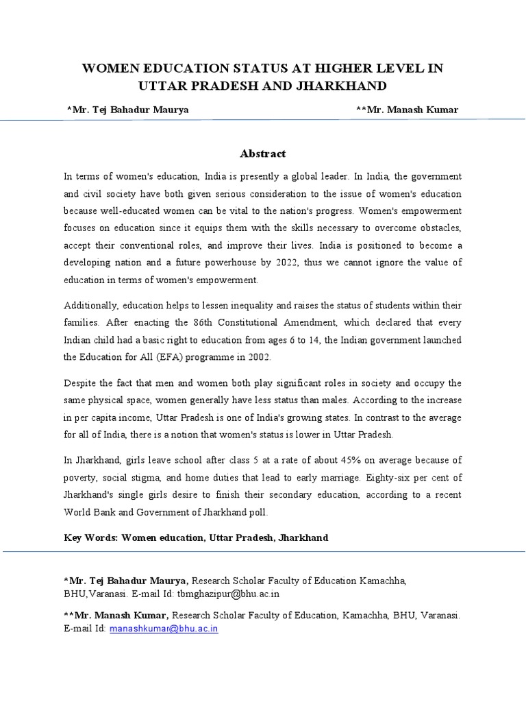 Women Education Status at Higher Level in Uttar Pradesh and Jharkhand | PDF