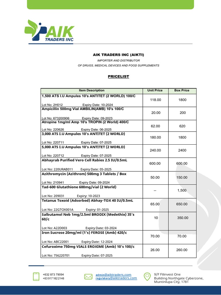 Price List For Our Products | PDF | Drugs | Medicine