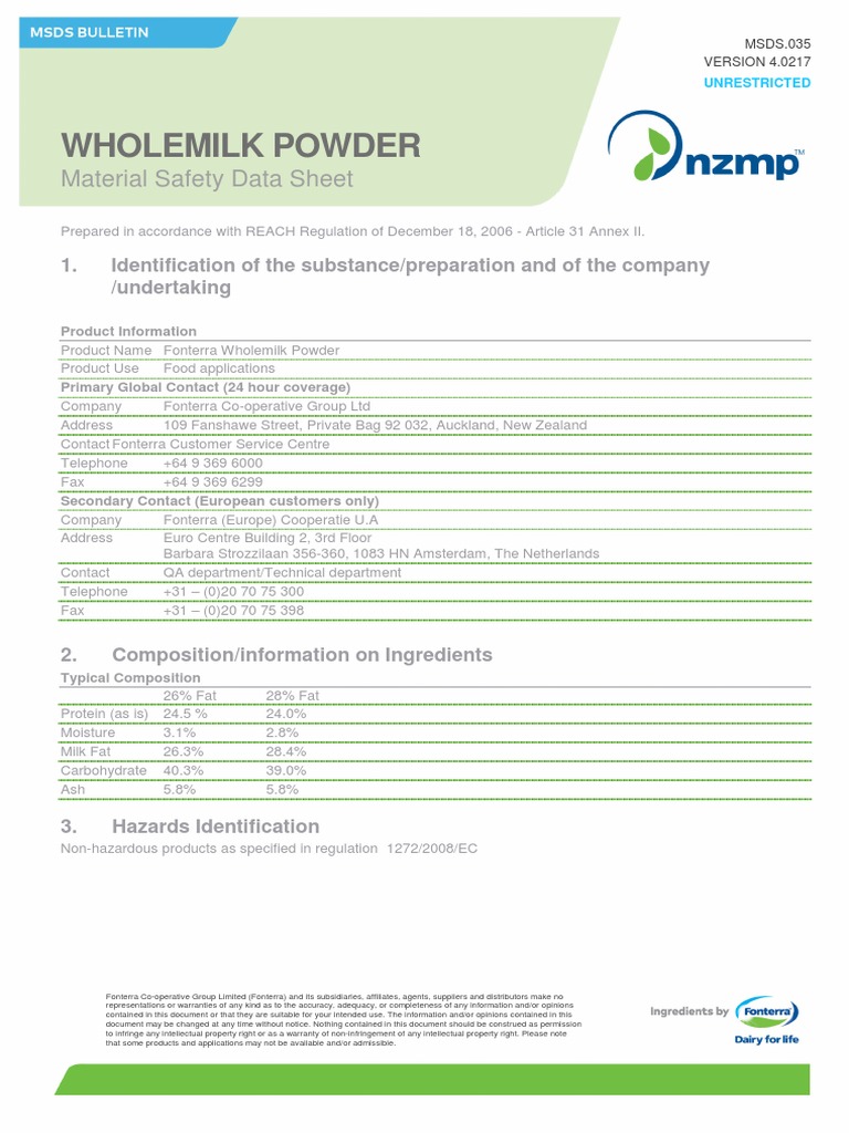 MSDS Wholemilk Powder | PDF | Safety | Chemistry