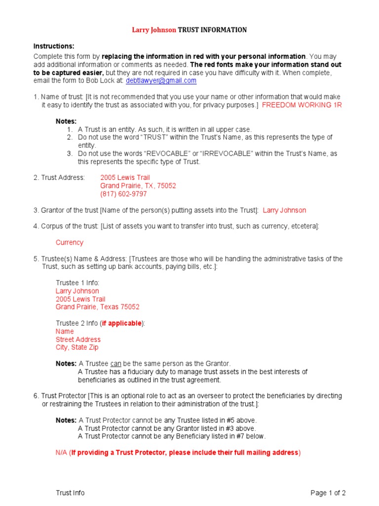 Larry Johnson Trust Information Form | PDF | Trust Law | Trustee