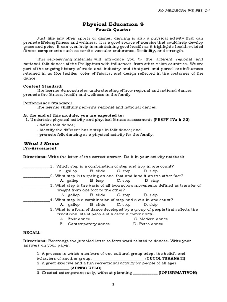 PE 8. Quarter 4 | Download Free PDF | Dances | Physical Fitness