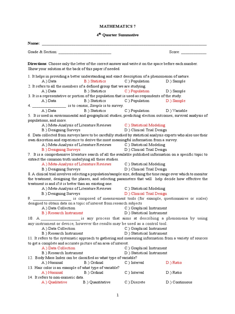 GRADE 7 Summative 6 | PDF | Statistics | Data