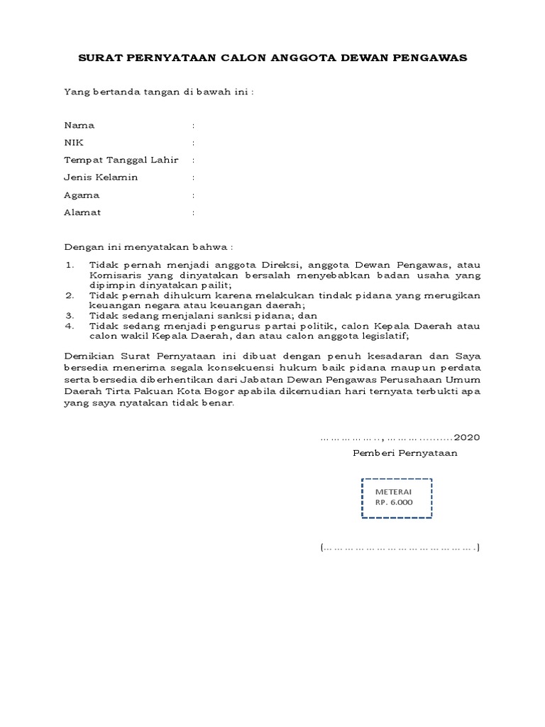 Surat Pernyataan Dewan Pengawas | PDF