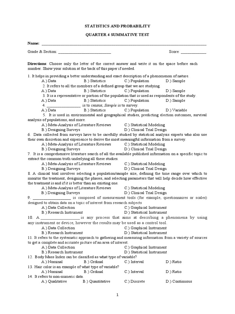 MATH 7 - Q4 - SummativeTest1 - WK1-2 | PDF | Statistics | Normal ...