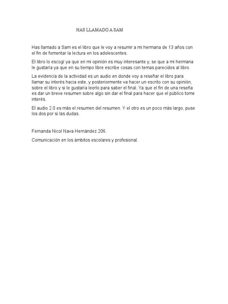 Resumen del libro "Has llamado a Sam" | PDF