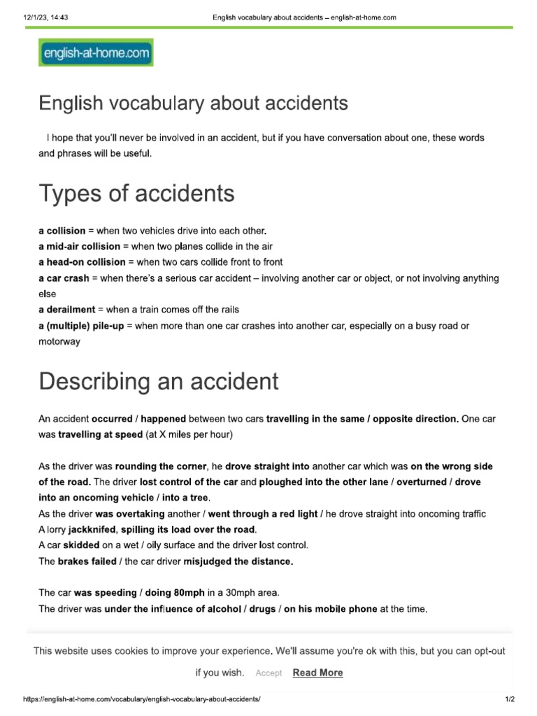 Car Accidents Vocabulary | PDF