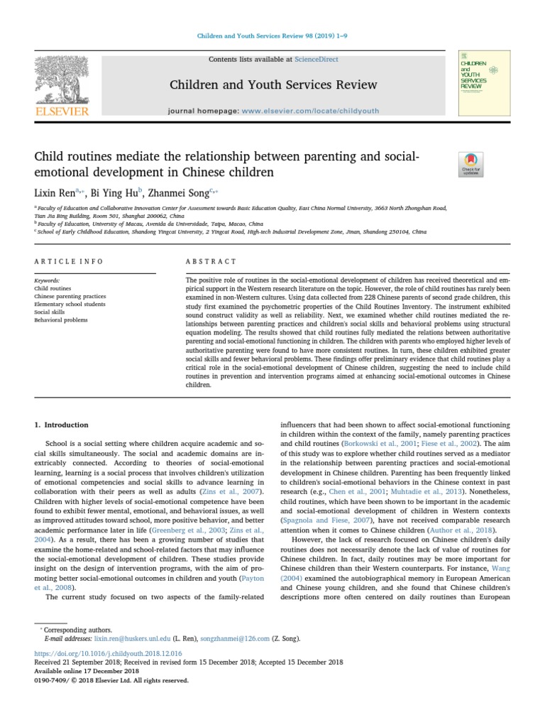 Child Routines Mediate The Relationship Between Parenting and Socialemotional Development in ...