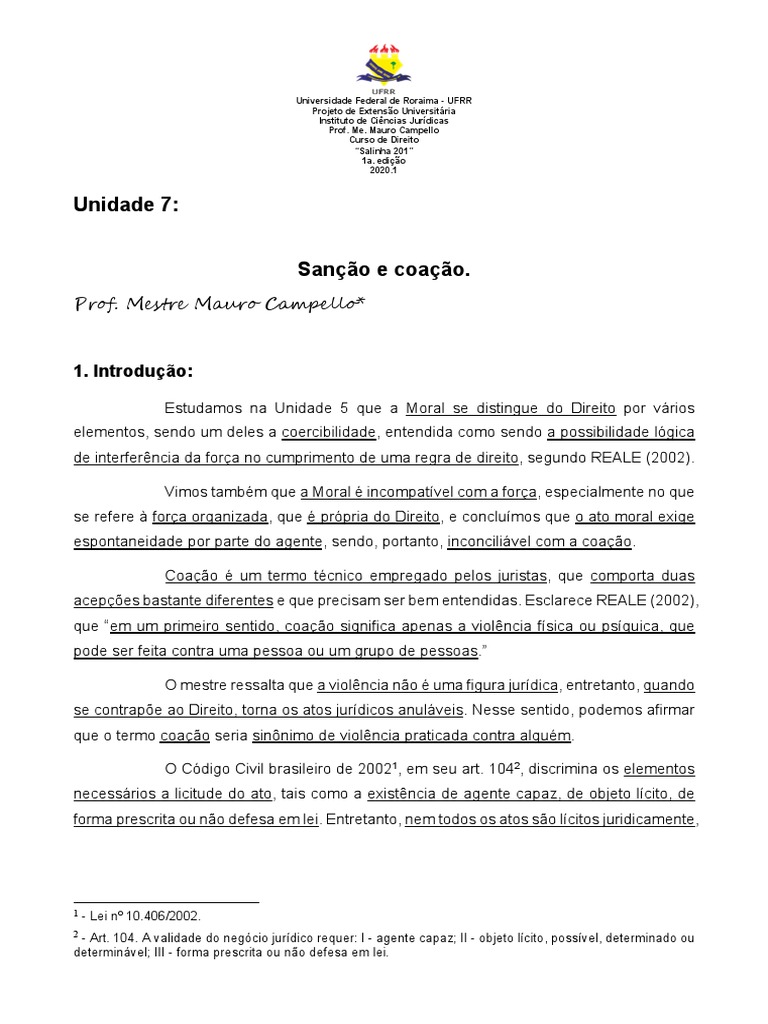 Unidade 7 - Introdução Ao Estudo Do Direito - Sanção e Coação - Projeto ...