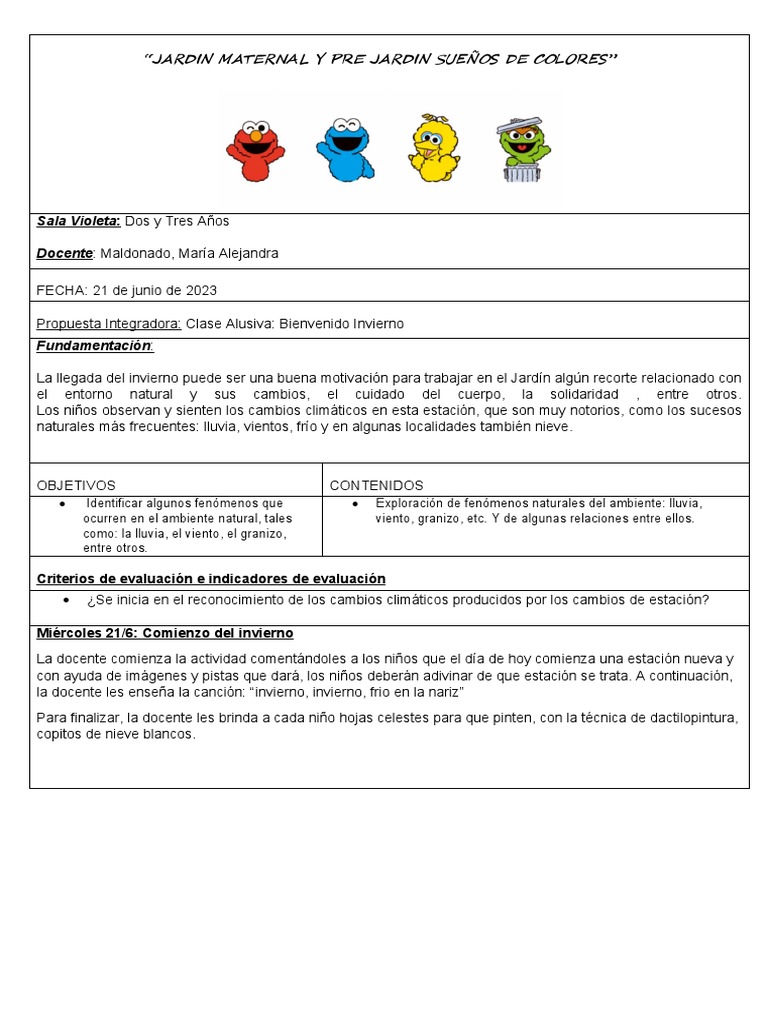 Actividad Alusiva - Bienvenido Invierno - Sala Violeta TT | PDF