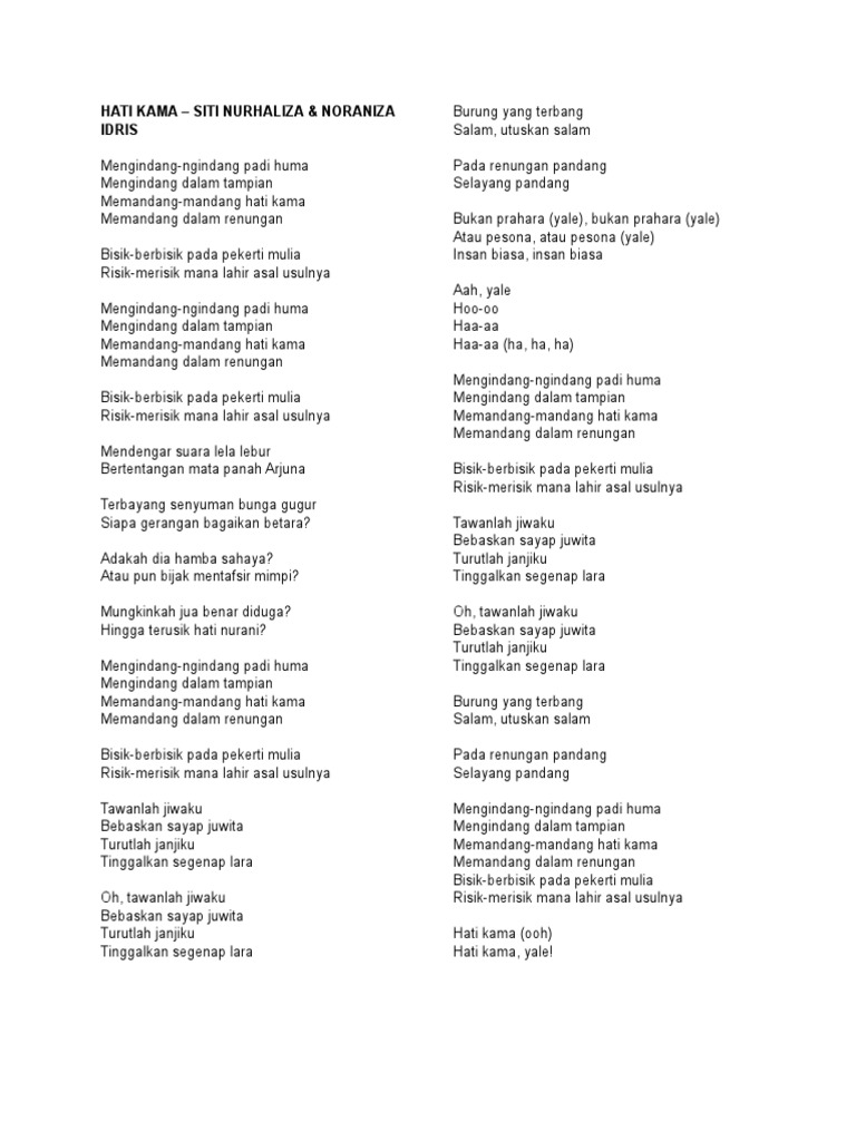 Lirik Lagu Hati Kama - Siti Nurhaliza | PDF