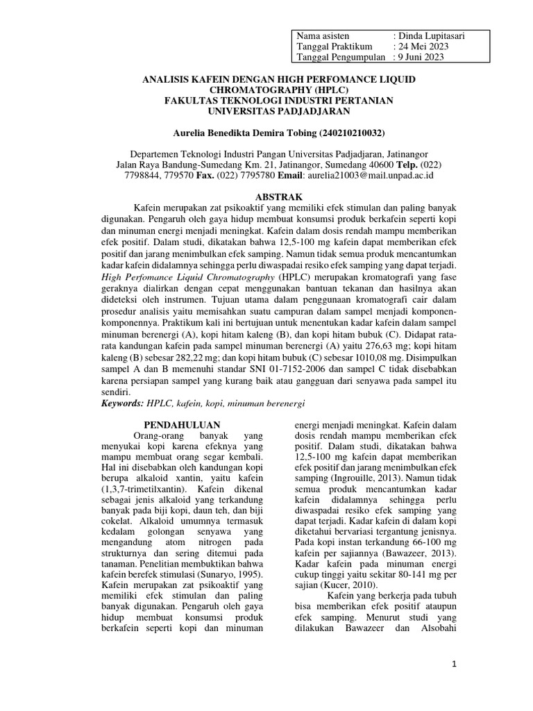 Analisis Kafein Dengan High Perfomance Liquid Chromatography (HPLC ...