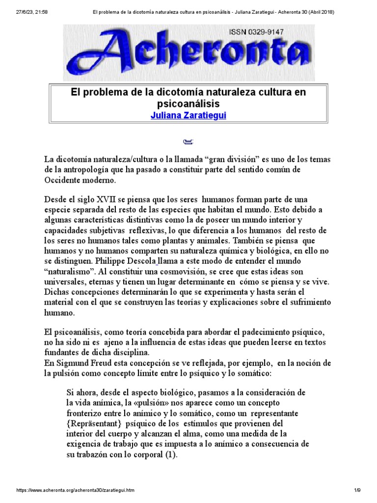 El Problema de La Dicotomía Naturaleza Cultura en Psicoanálisis ...