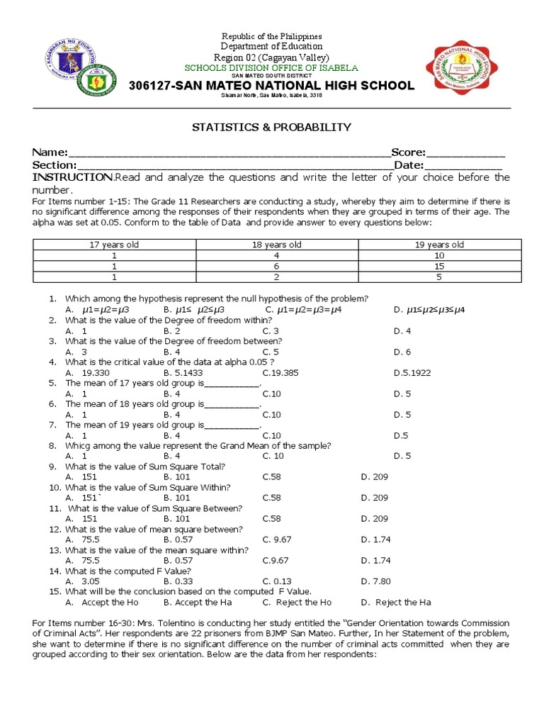 STATPROB Exam | PDF | Statistics | Mean