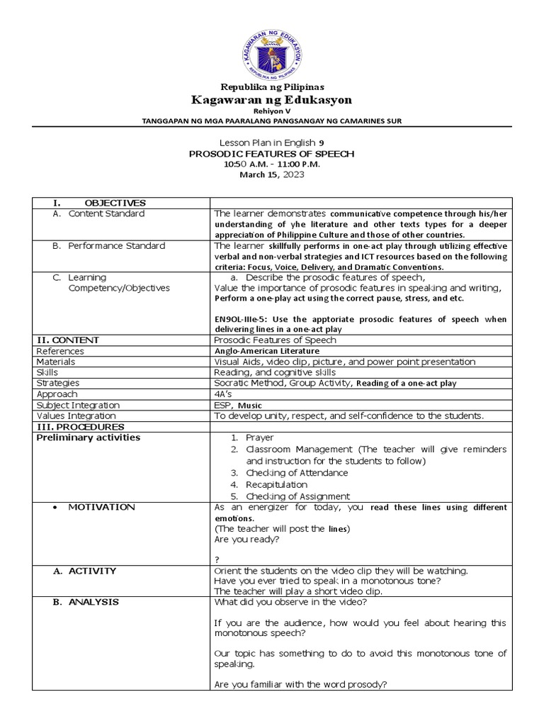 Lesson Plan in English 9 | PDF | Phonetics | Communication