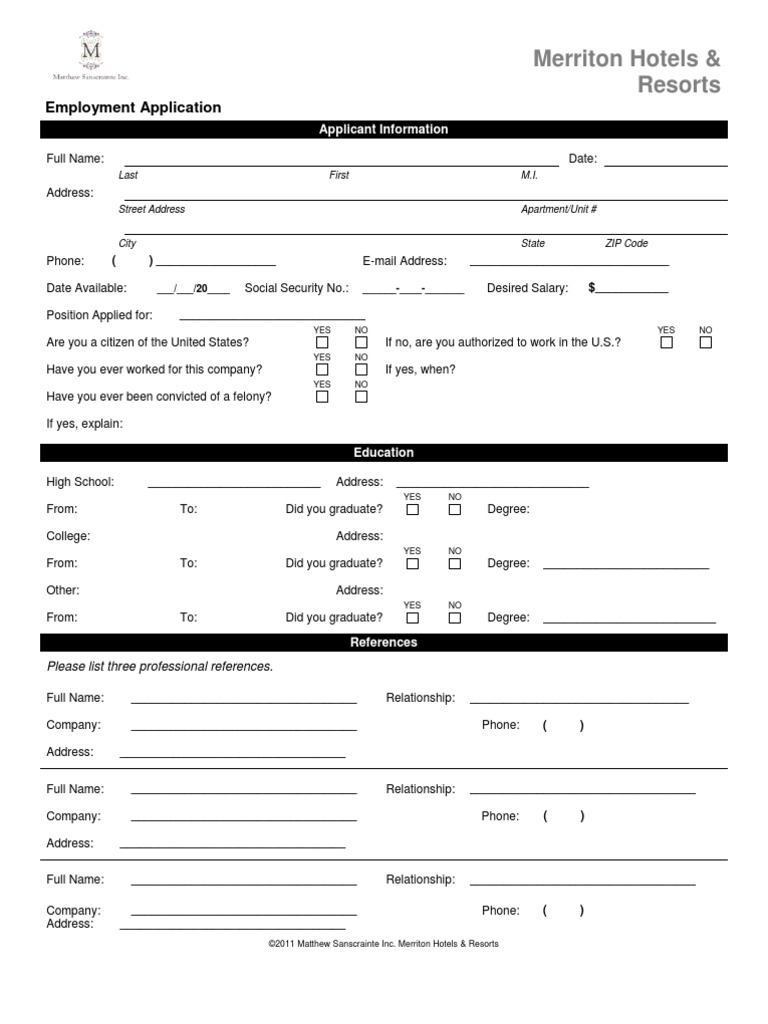 Merriton Hotels Employment Application Form | PDF