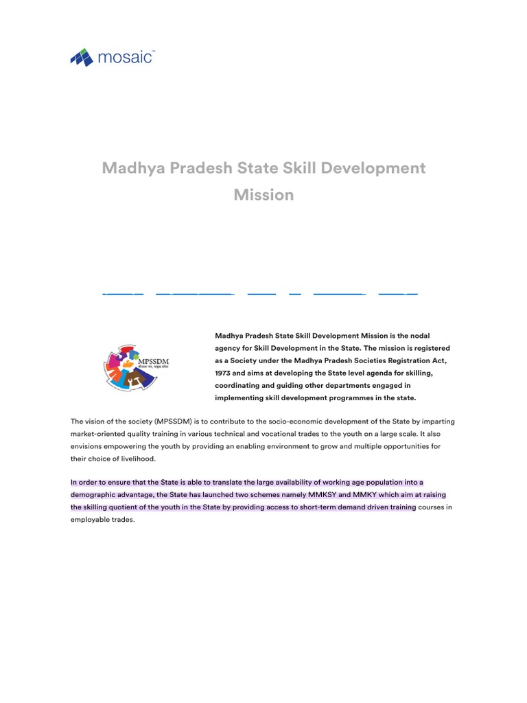 Madhya Pradesh State Skill Development Mission | PDF | Employment ...