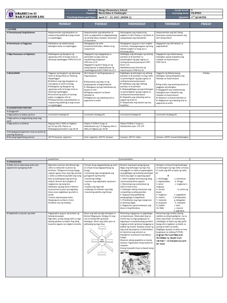 DLL - Filipino 5 - Q4 - W1 | PDF