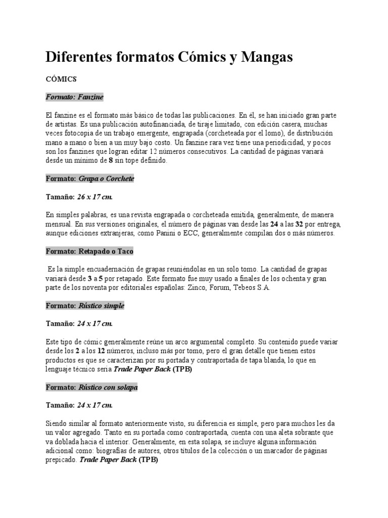 Formatos de Cómics y Mangas | PDF | Cómics | Libro de bolsillo