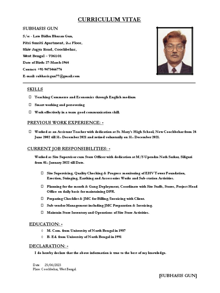 Resume Subasis Gun - Coochbehar | PDF
