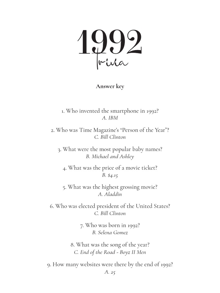 1992 Trivia Answer Key 5x7 | PDF