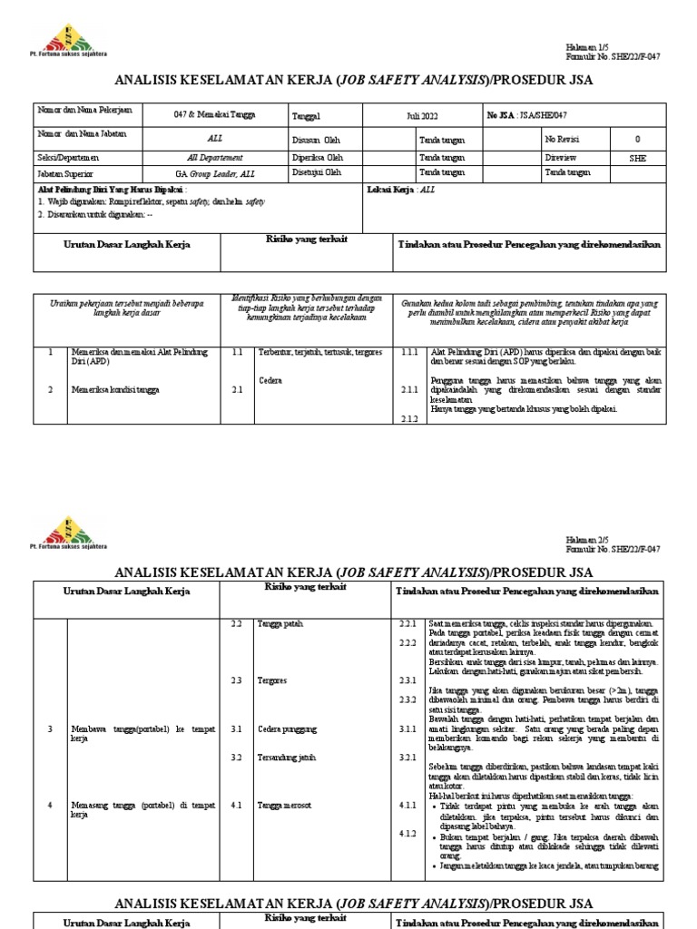 JSA Penggunaan Tangga untuk Keselamatan | PDF