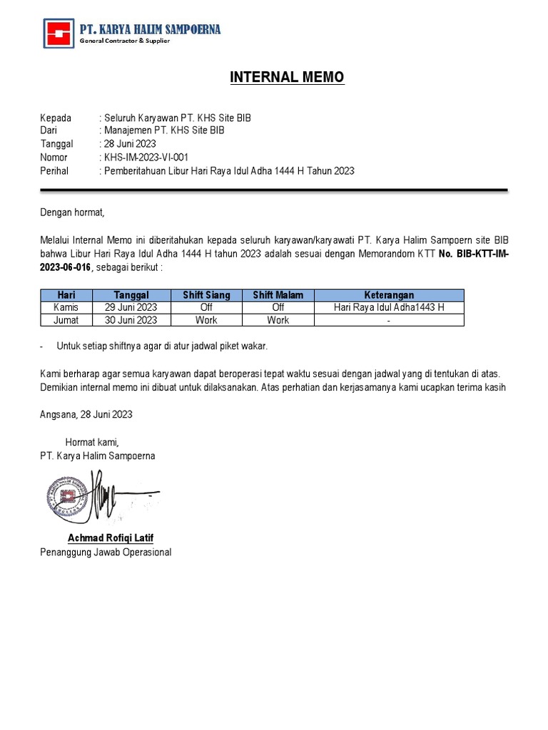 2806 Internal Memo Libur Lebaran Idul Adha | PDF