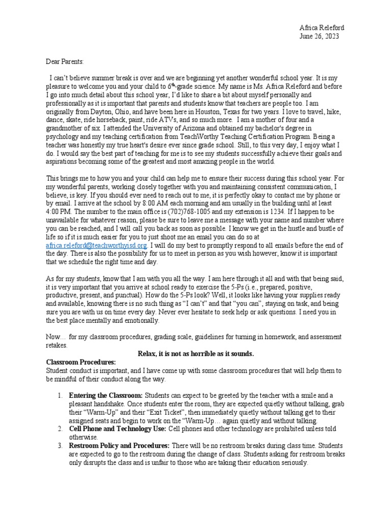 6th Grade Science Welcome Letter | PDF | Classroom | Teachers