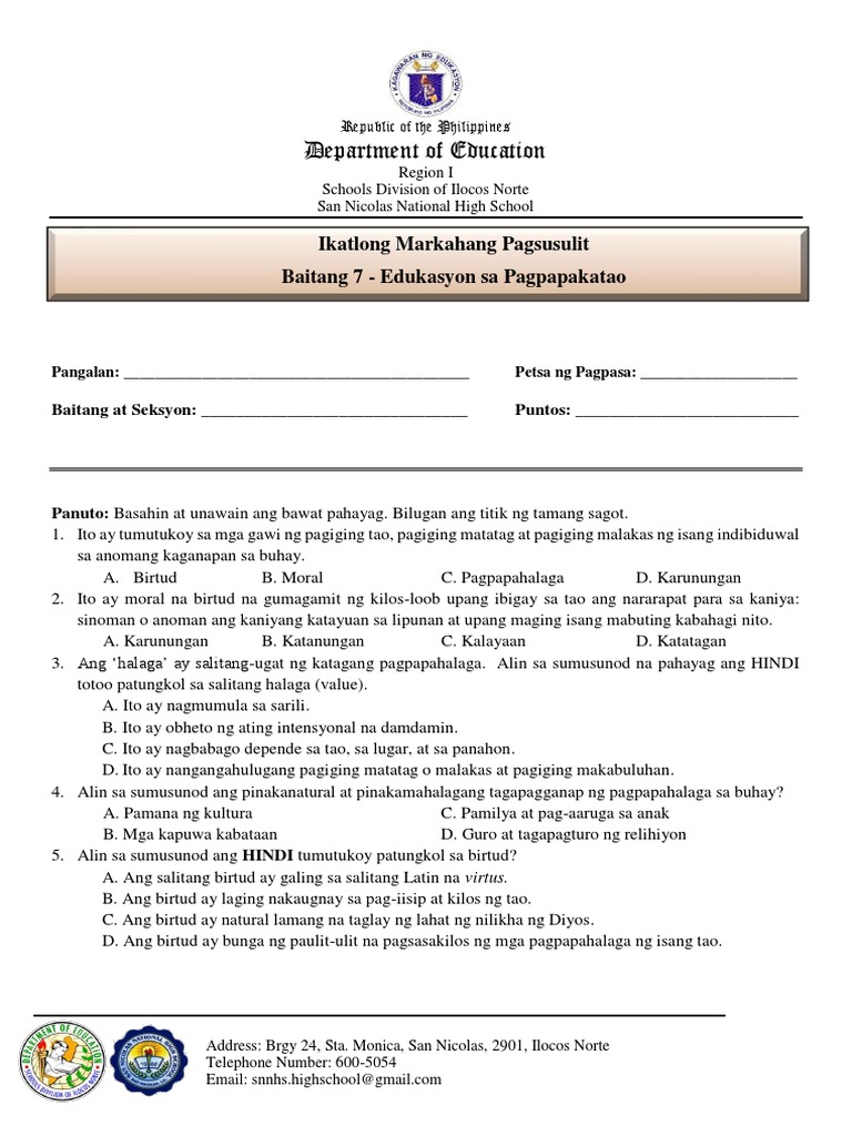 Ikatlong Markahang Pagsusulit Sa Esp 7 Approved | PDF