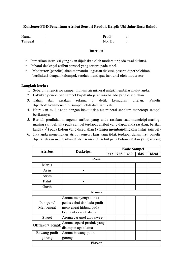Kuisioner FGD Penentuan Atribut Sensori Produk Kripik Ubi Jalar Rasa ...