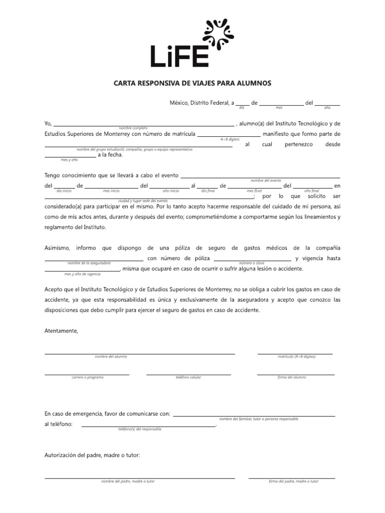 Carta Responsiva de Viajes LiFE | PDF