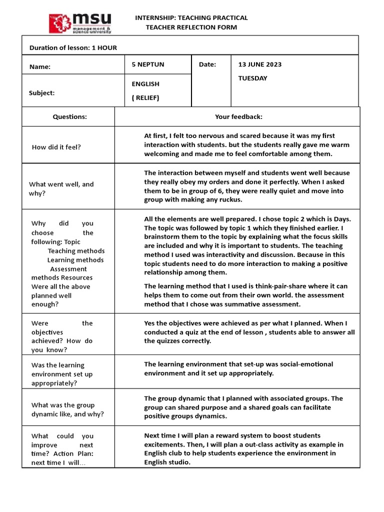 Reflection Form | PDF | Educational Assessment | Learning