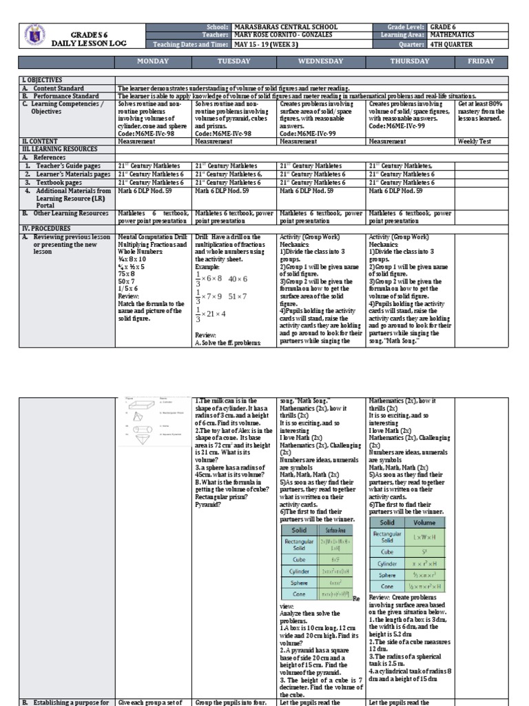 DLL - Math 6 - Q4 - W3 | PDF | Volume | Area
