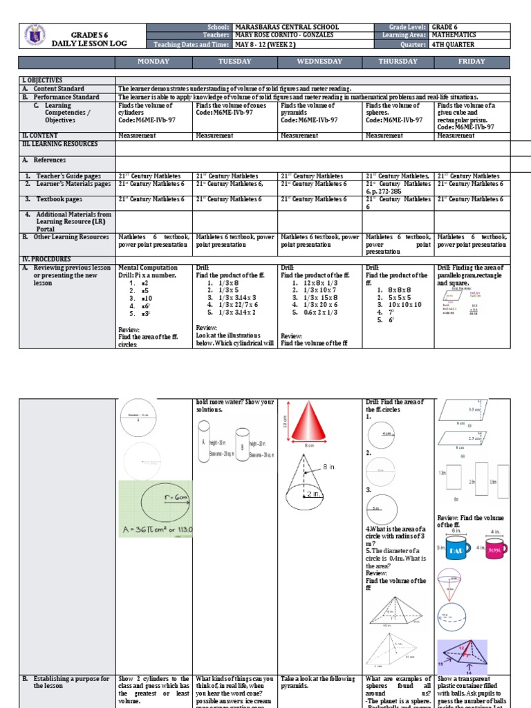 DLL - Math 6 - Q4 - W2 | PDF | Volume | Area
