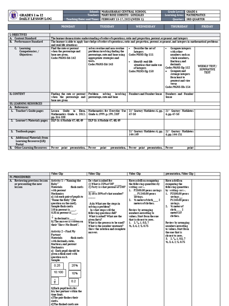 DLL - Math 6 - Q3 - W1 | PDF | Percentage | Learning