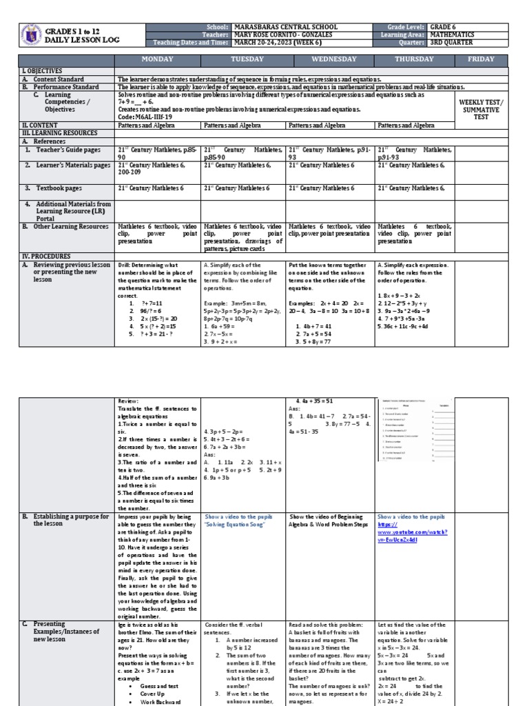 DLL - Math 6 - Q3 - W6 | PDF | Equations | Mathematical Objects