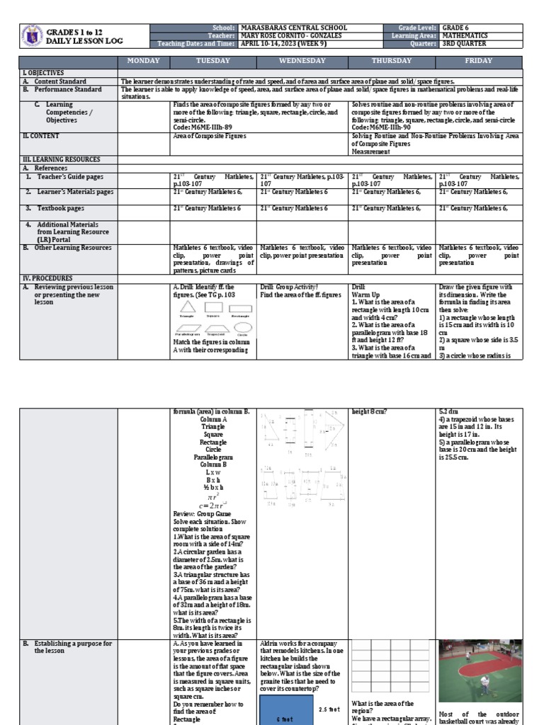 DLL - Math 6 - Q3 - W9 | PDF | Area | Geometry