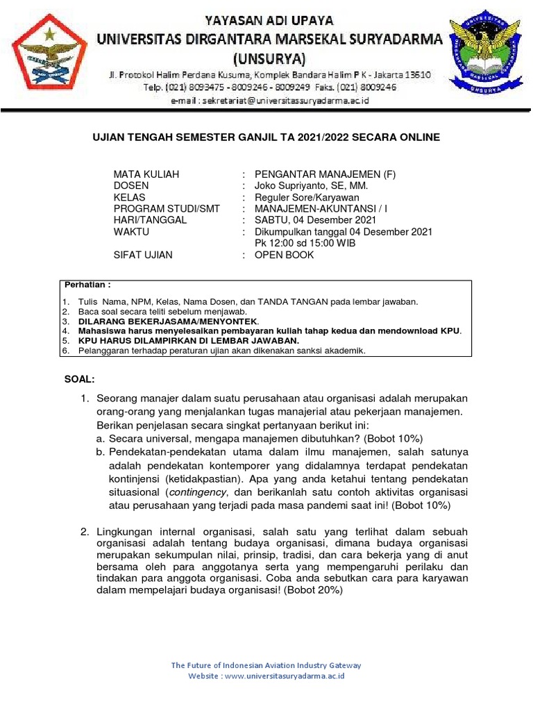 Soal Uts - Pengantar Manajemen Kelas F 2021 | PDF | Karier & Perkembangan | Bisnis