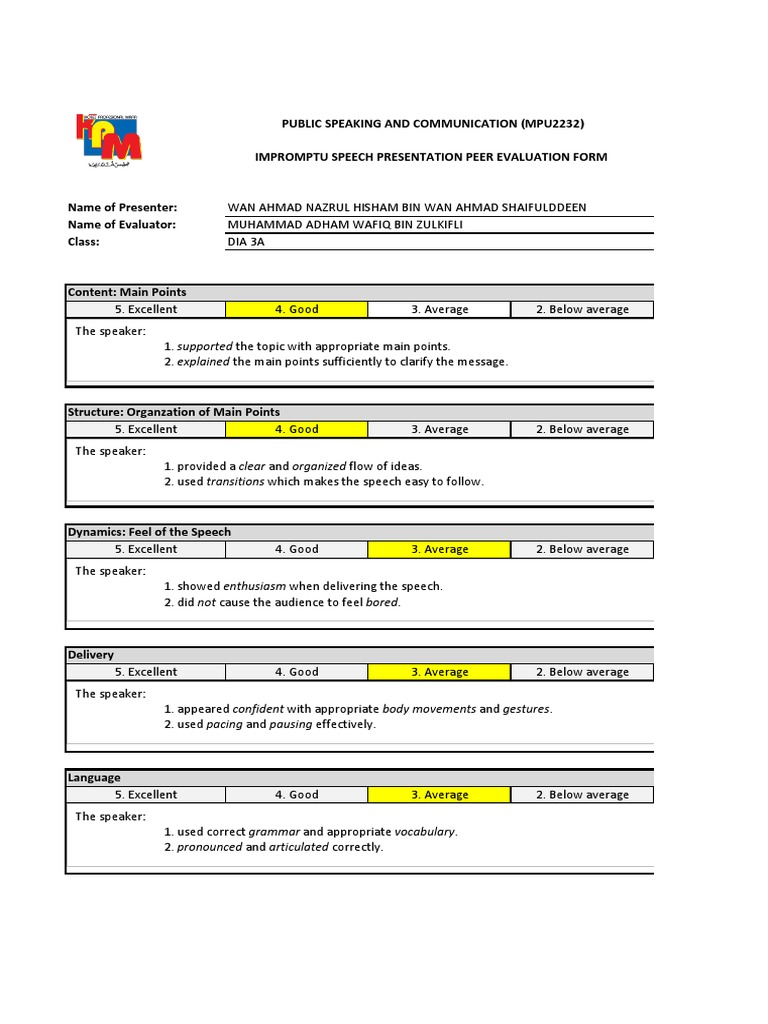 Speech Feedback Report Peer Evaluation Forms | PDF