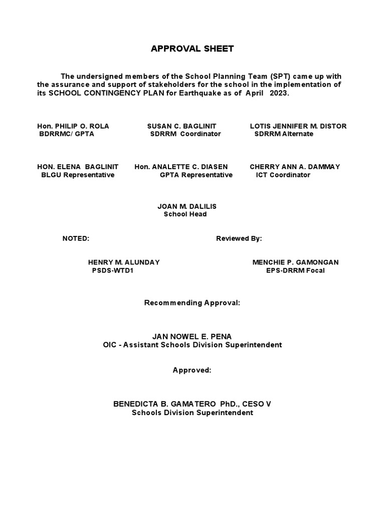 APPROVAL SHEET Earthquake Contingency Plan | PDF | Self-Improvement ...