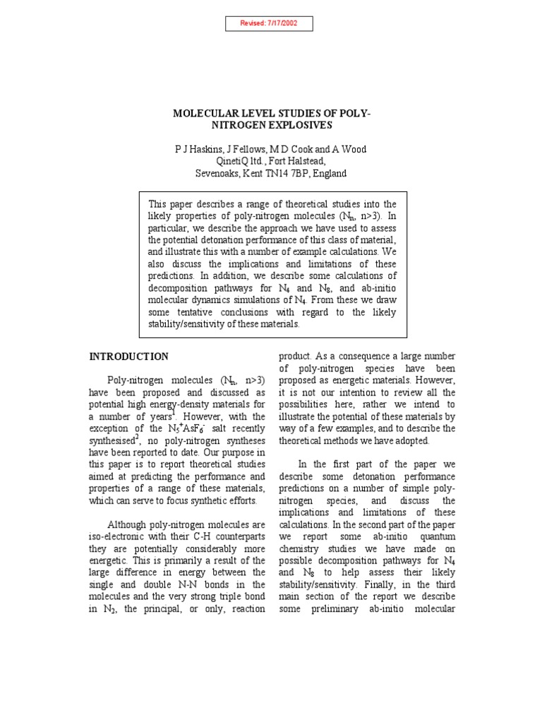 Molecular Level Studies of Poly-nitrogen Explosives | PDF | Molecules | Chemical Reactions