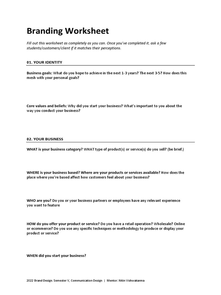 Branding Worksheet For Business | PDF | Brand | Customer