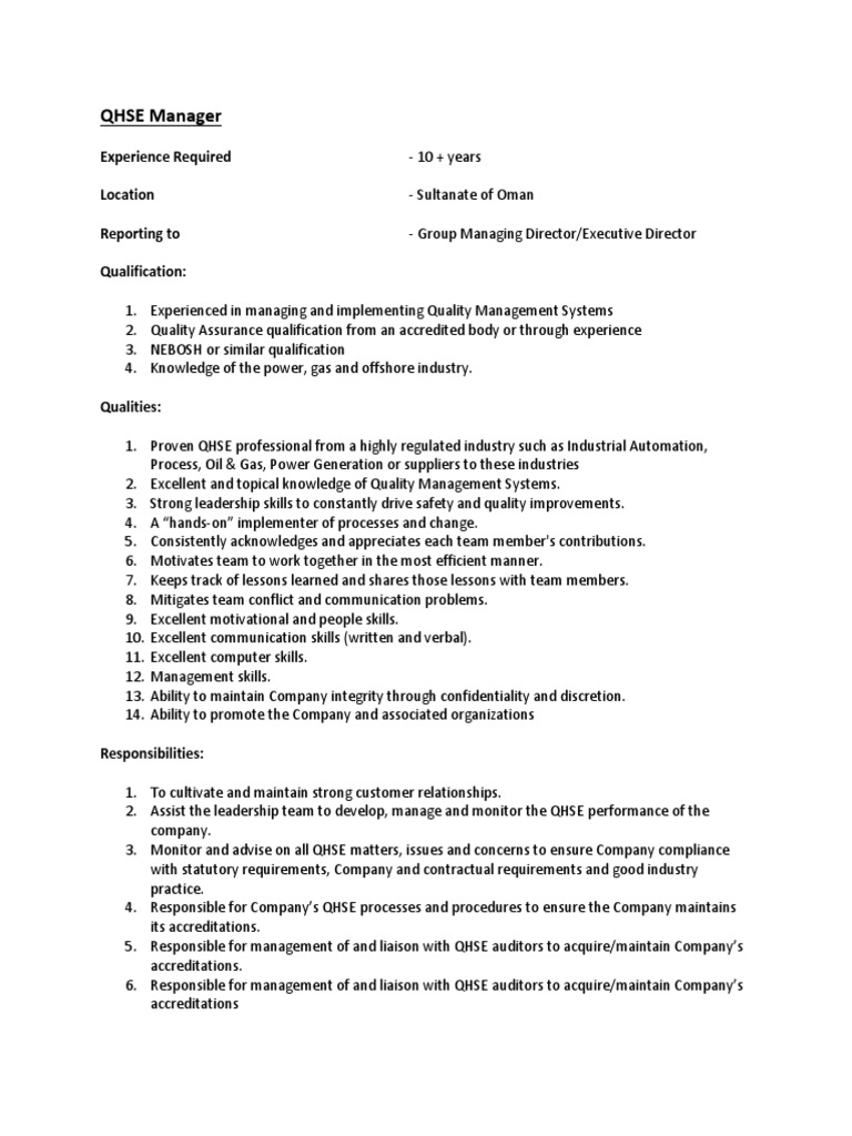 QHSE Manager JD | PDF | Leadership | Audit