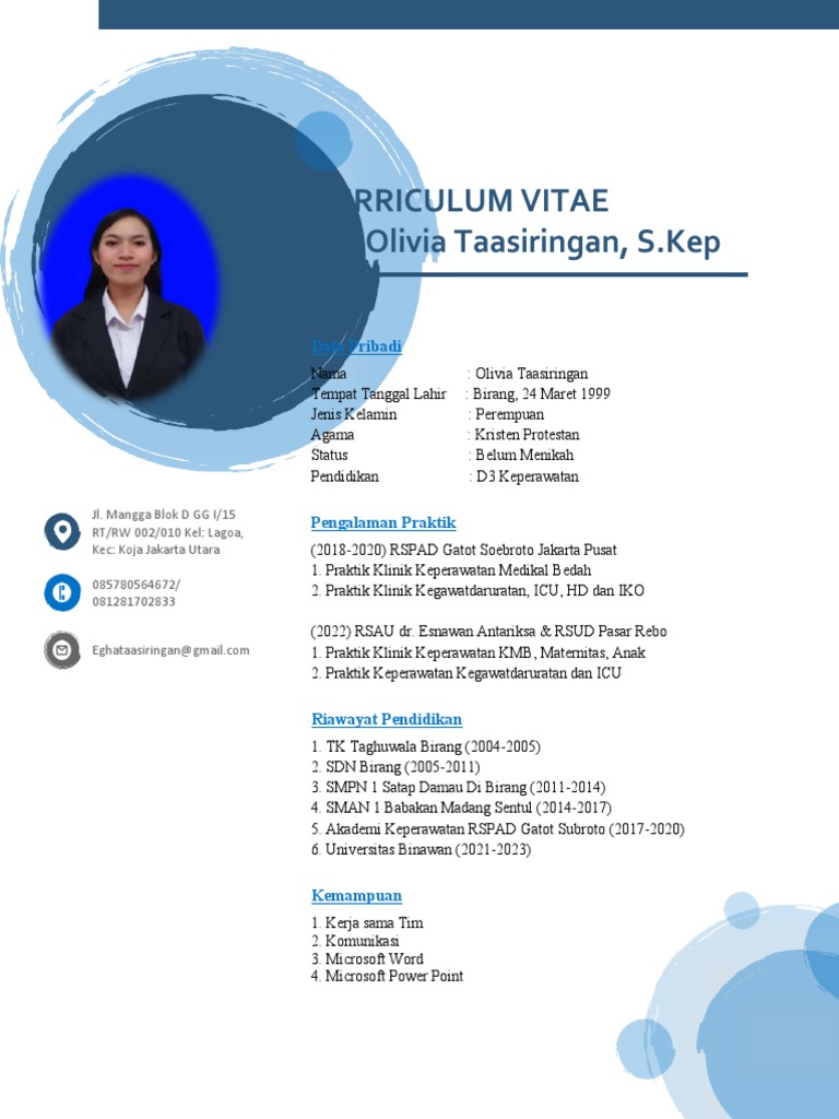 CV Ns. Olivia Taasiringan, S.Kep | PDF