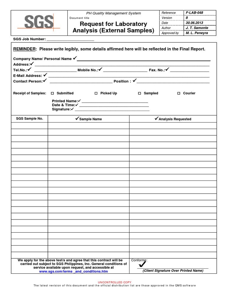SGS Request For Analysis Form (RFA) | PDF | Quality Management System ...